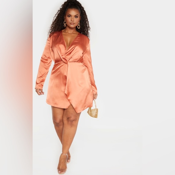 PrettyLittleThing | Dresses | Prettylittlething Plus Rust Satin Long Sleeve Wrap Dress | Poshmark